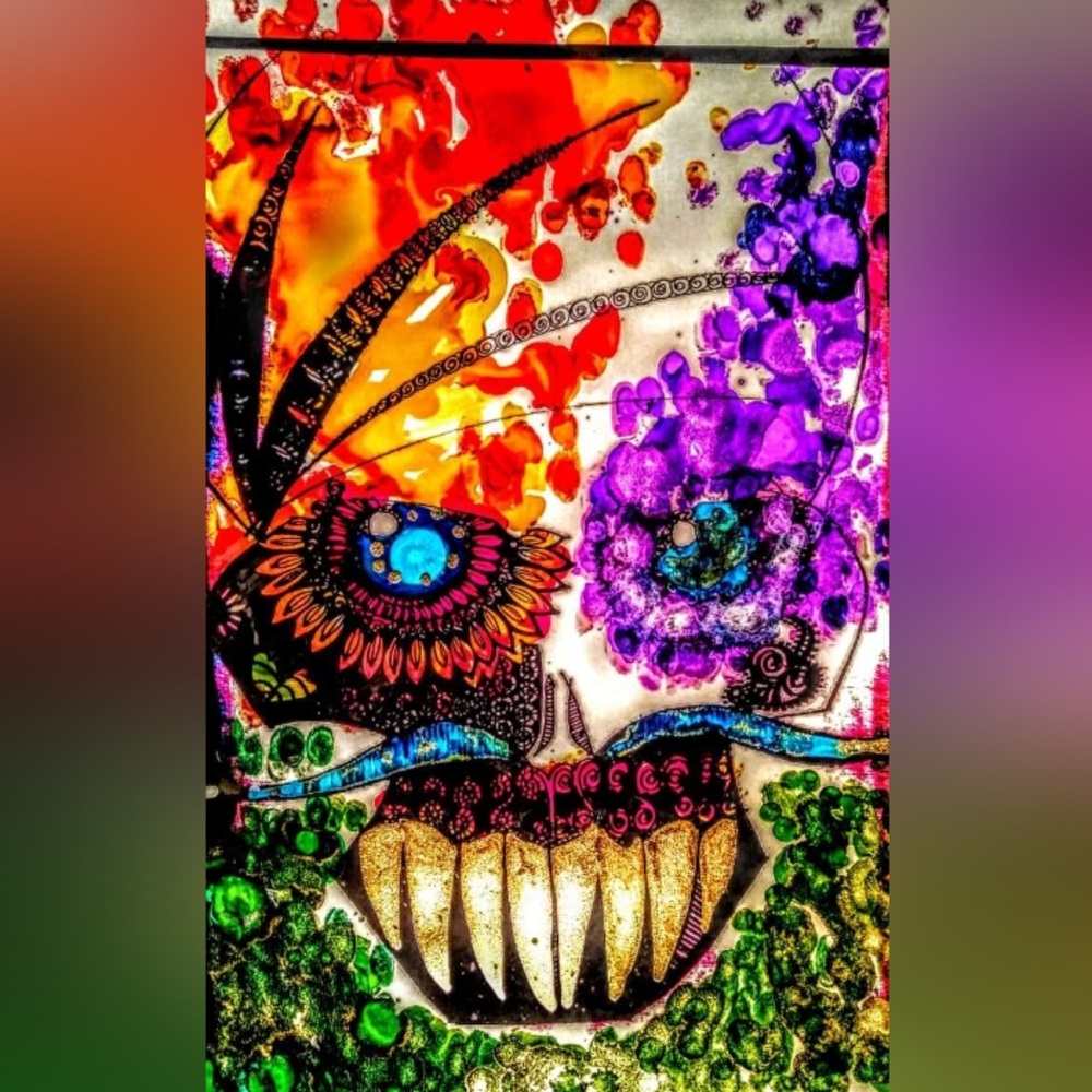 Hand Painted Pinata Skull Colorful Artwork Glossy Pho… - Gem